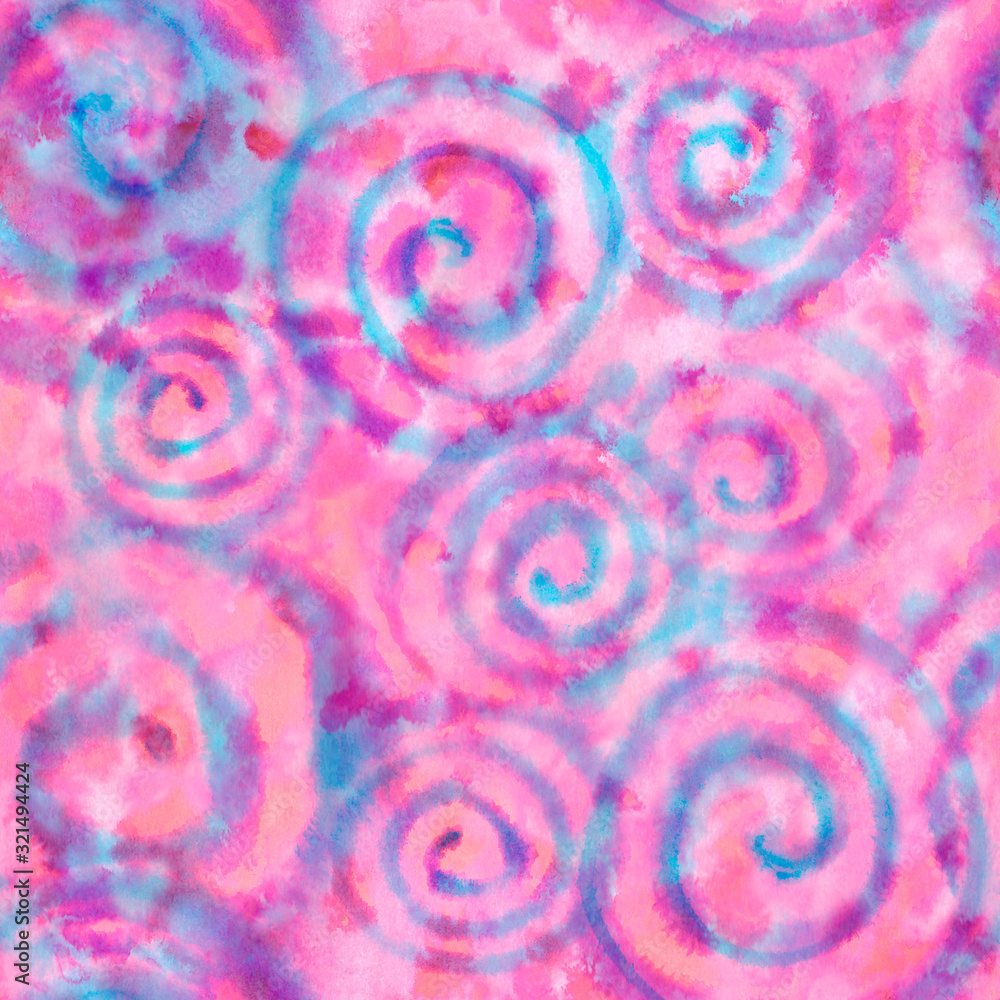 Watercolor pink spiral abstract background with splashes, drops. Hand ...