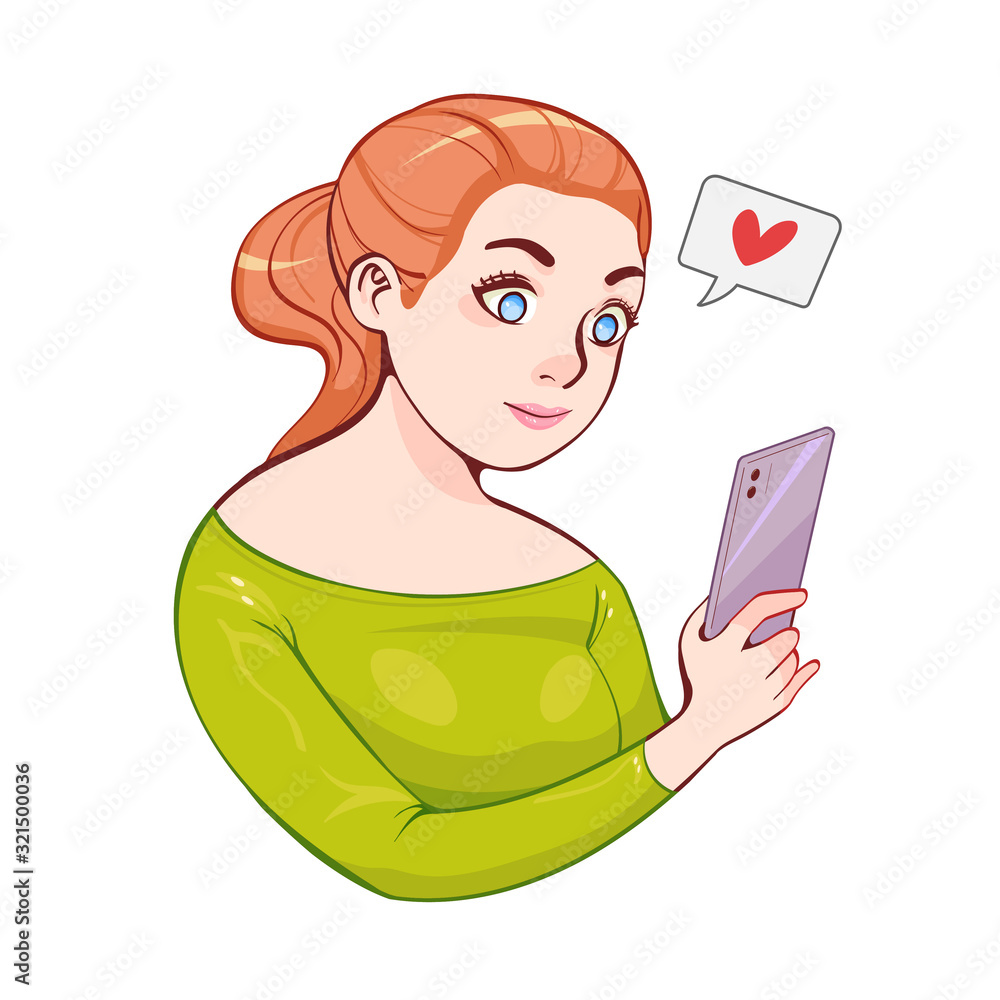 Cute happy girl holding cellphone, using mobile for selfie. Woman ...