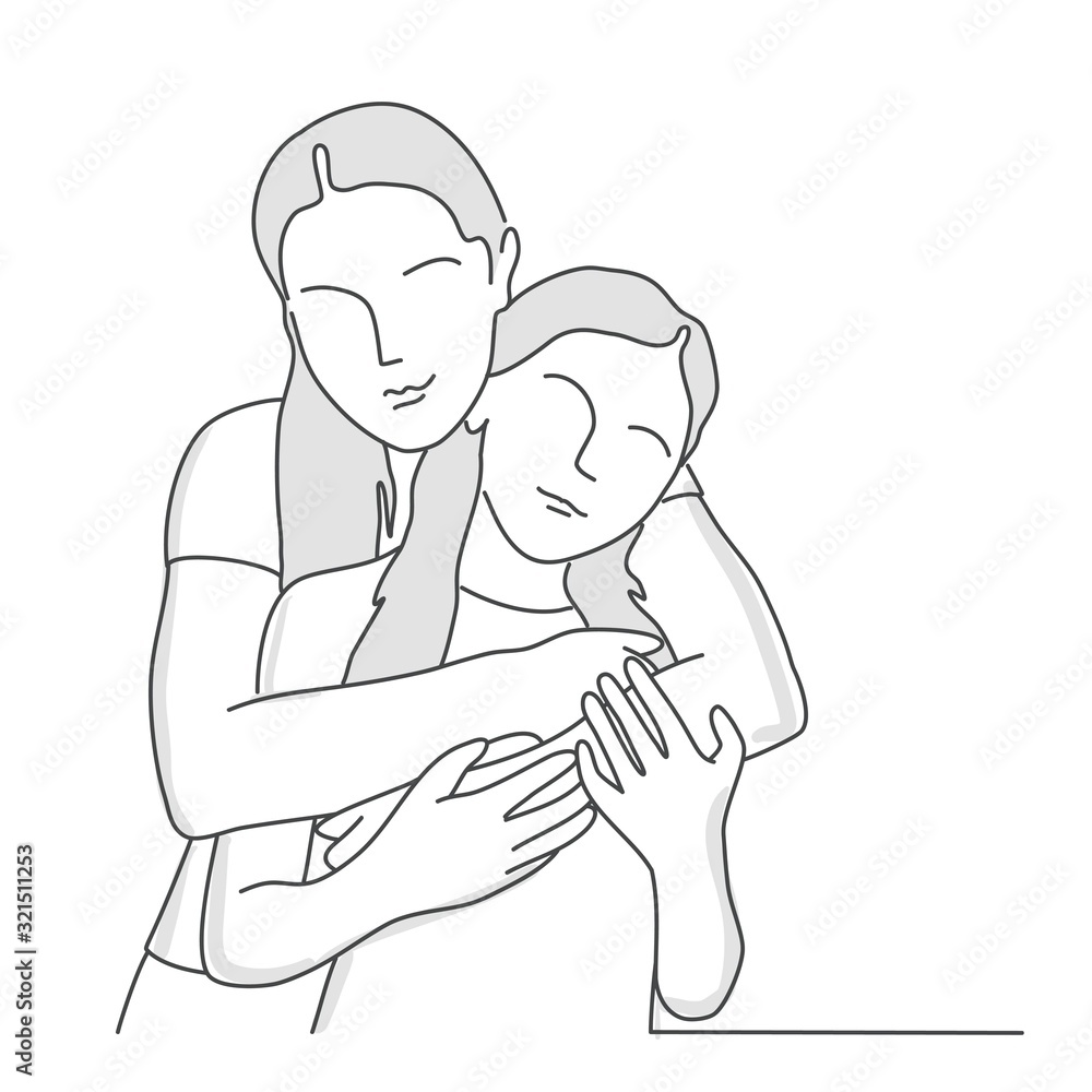 Mother hugs daughter. Older and younger sisters. Line drawing vector ...