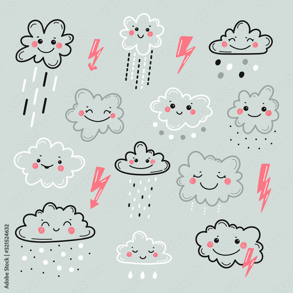 Cute Smiling Clouds with Rain Drops, Thunder and Lightning Icons Vector ...