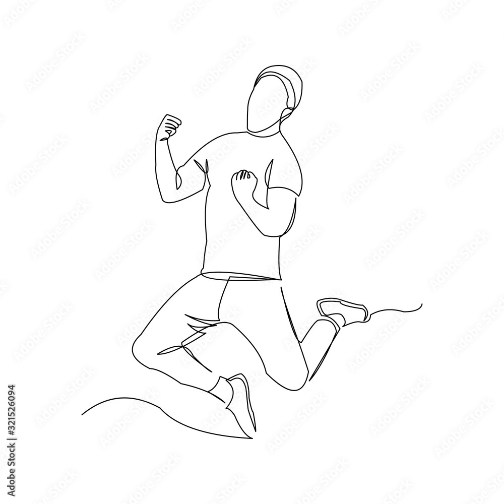 Continuous line drawing of happy jumping man celebrate the success ...
