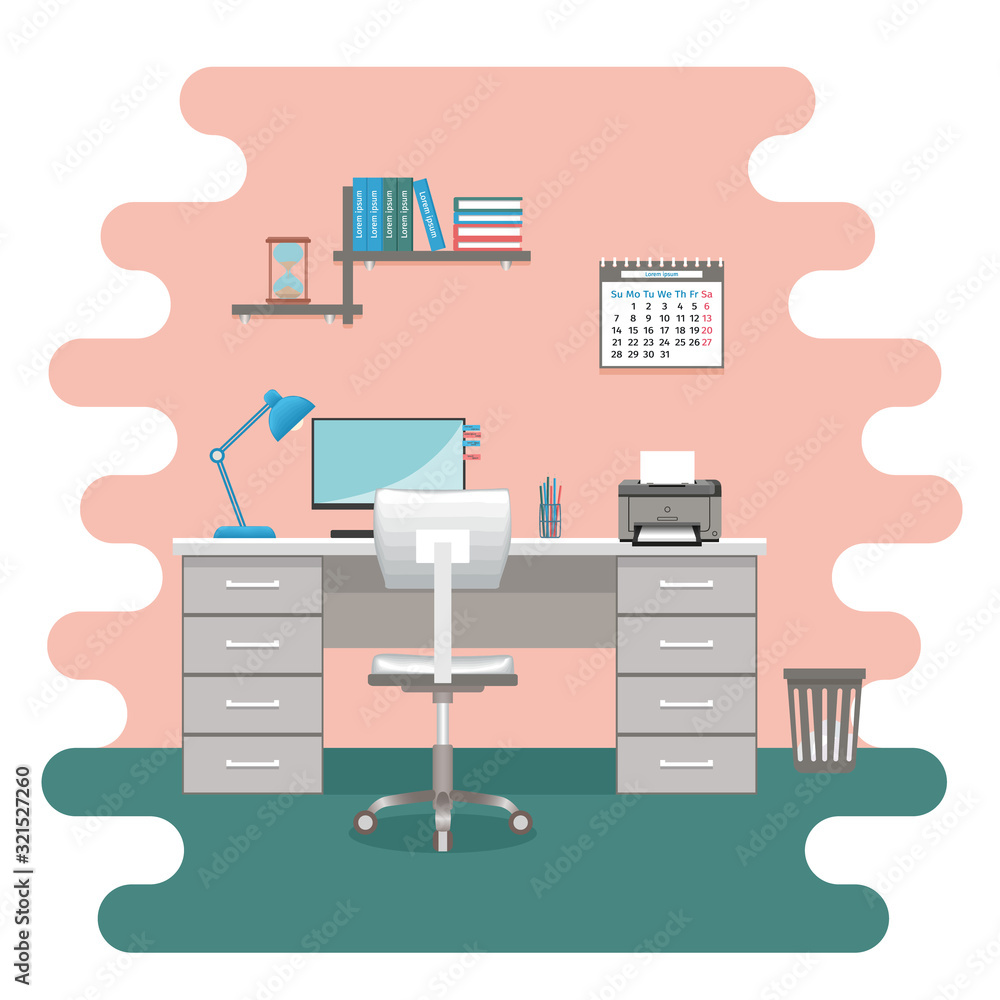 Workspace with furniture. Office room interior without people in flat ...