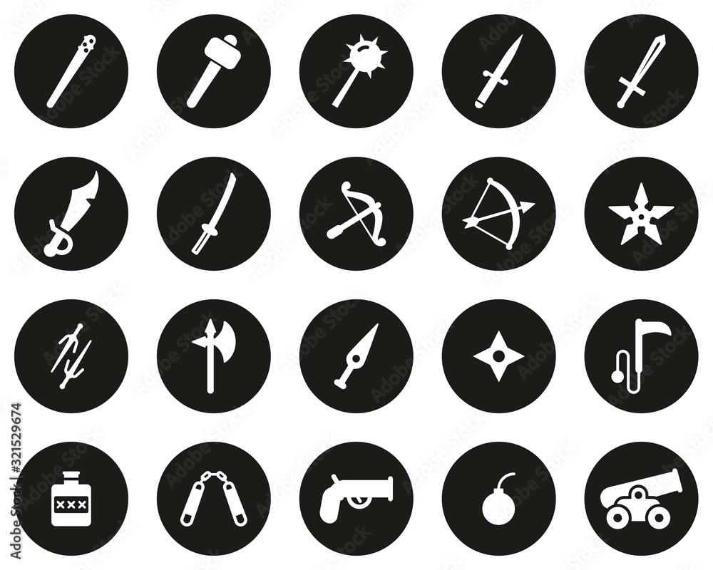 Old Weapons Or Ancient Weapons Icons White On Black Flat Design Circle ...