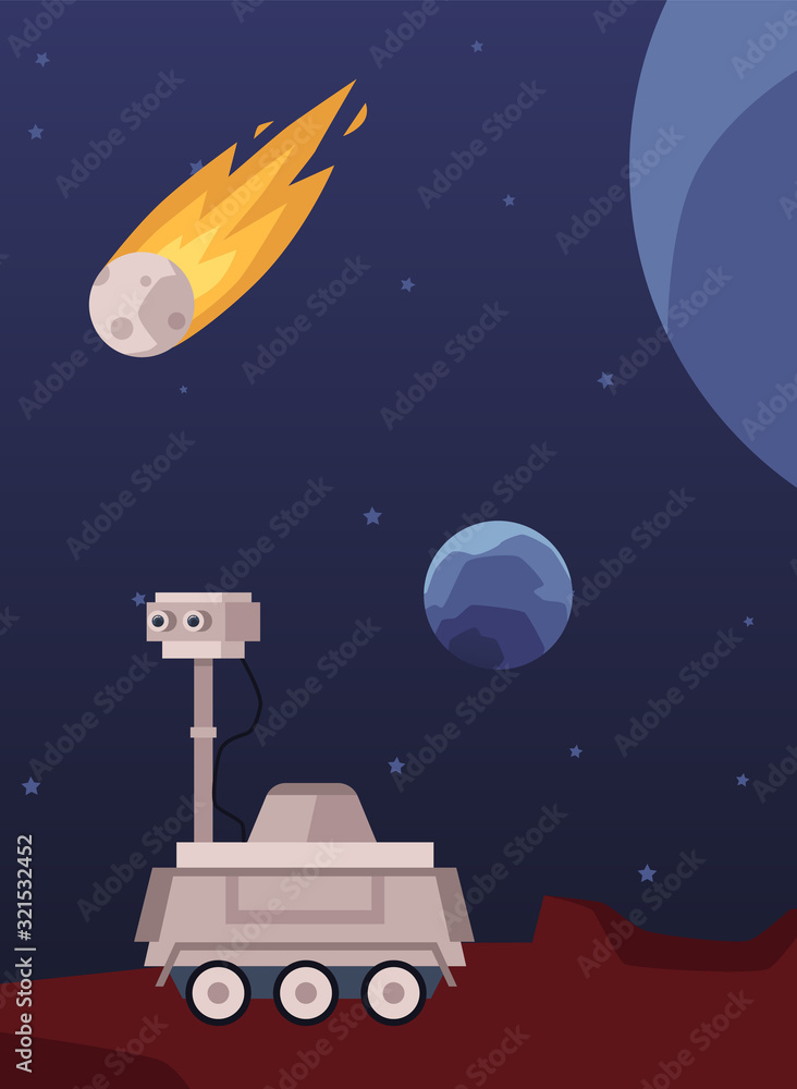 Space station or moon rover on cosmic planet, flat cartoon vector ...
