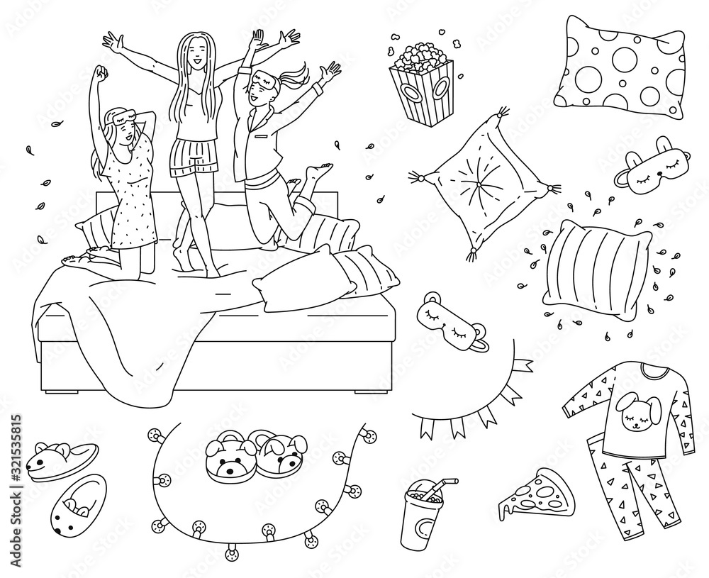 Sleepover slumber party element set in coloring book line art style ...