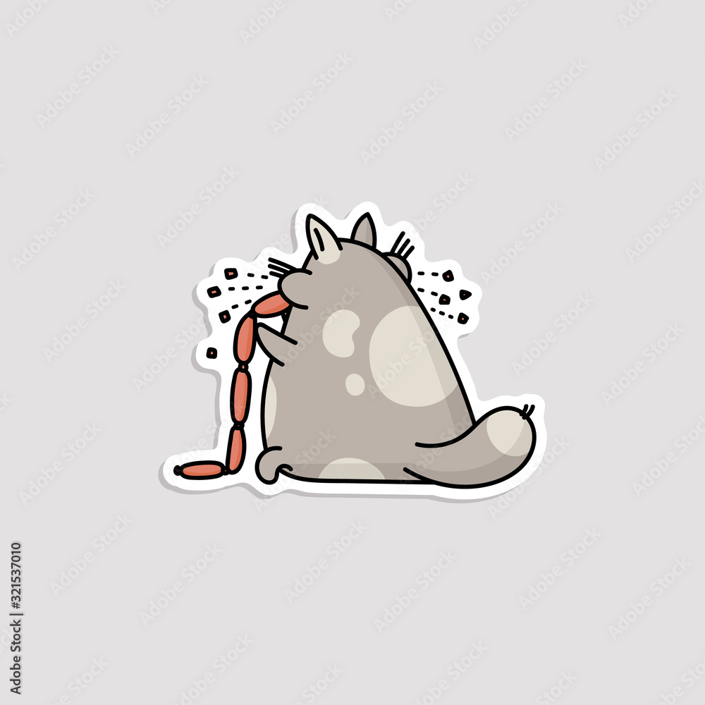 Cute fat funny glutton cat eating sausages cartoon vector illustration ...
