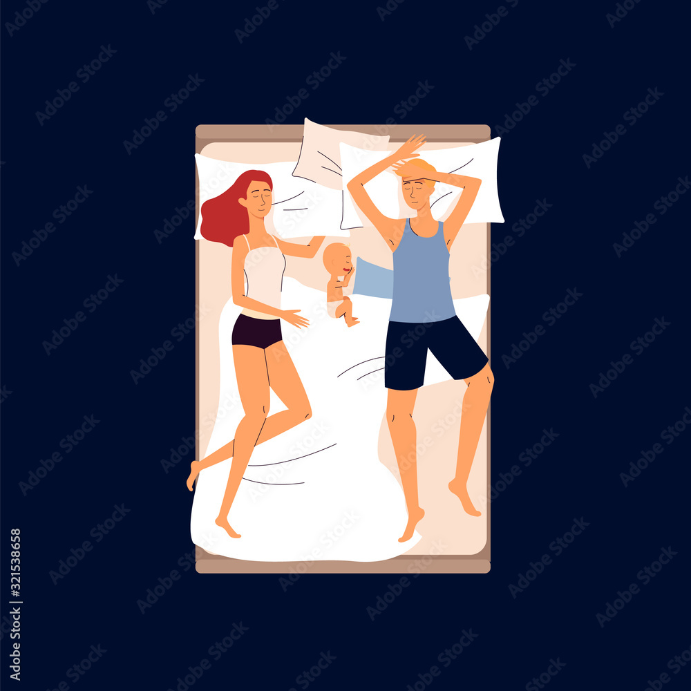 Couple sleeping in one bed with a baby - cartoon family in sleep ...