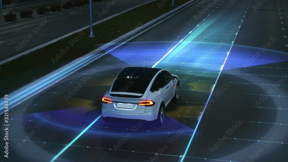 Aerial Drone Following Shot: Autonomous Self Driving Car Moving Through ...