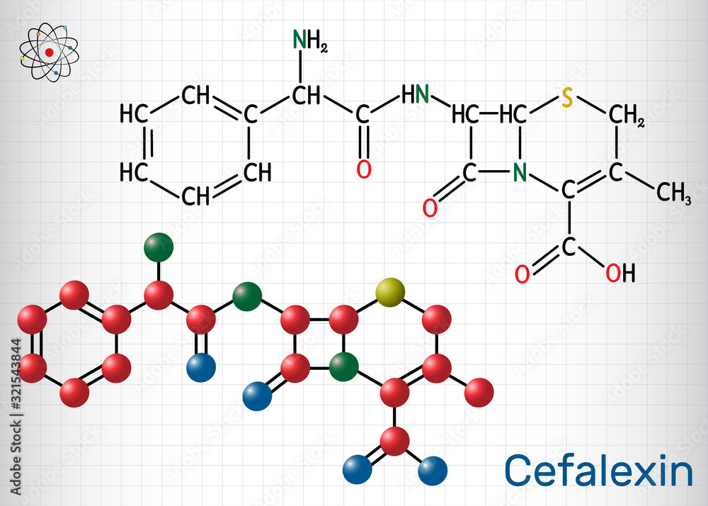Cefalexin, cephalexin, C16H17N3O4S molecule. It is a beta-lactam, first ...