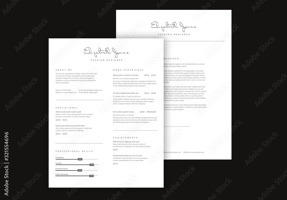 Black and White Resume Layout with Cursive Typography Element Stock ...