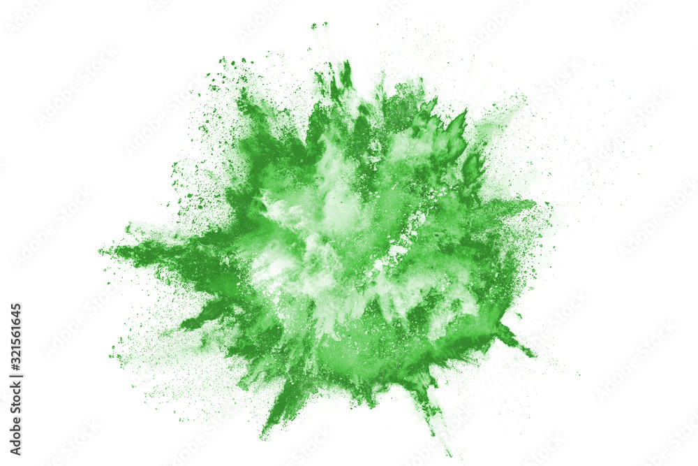 Green powder explosion on white background. Colored cloud. Colorful ...