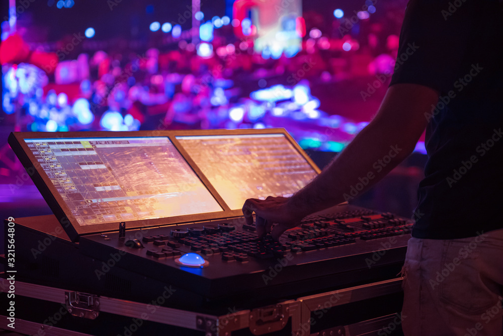 Sound engineer team working to prepare for music concert stage. Hand ...
