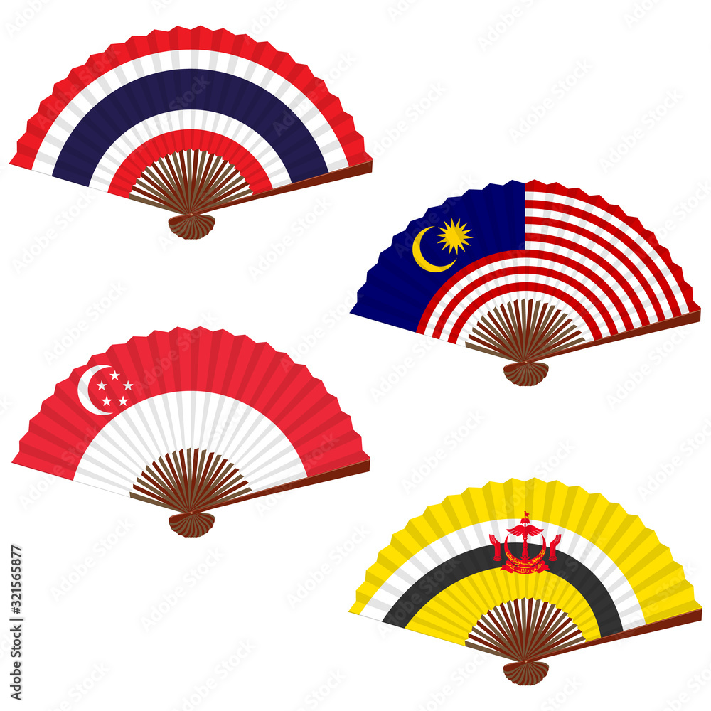 Traditional asian folding hand fan, set. Symbols of the flags of the ...