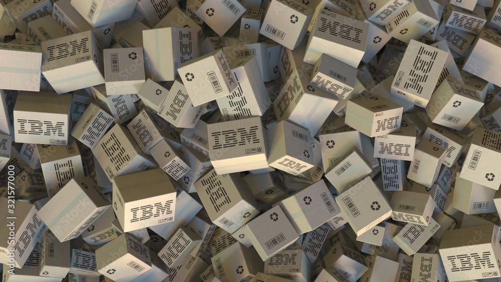 Pile of boxes with IBM logo. Editorial 3D rendering Stock Illustration ...
