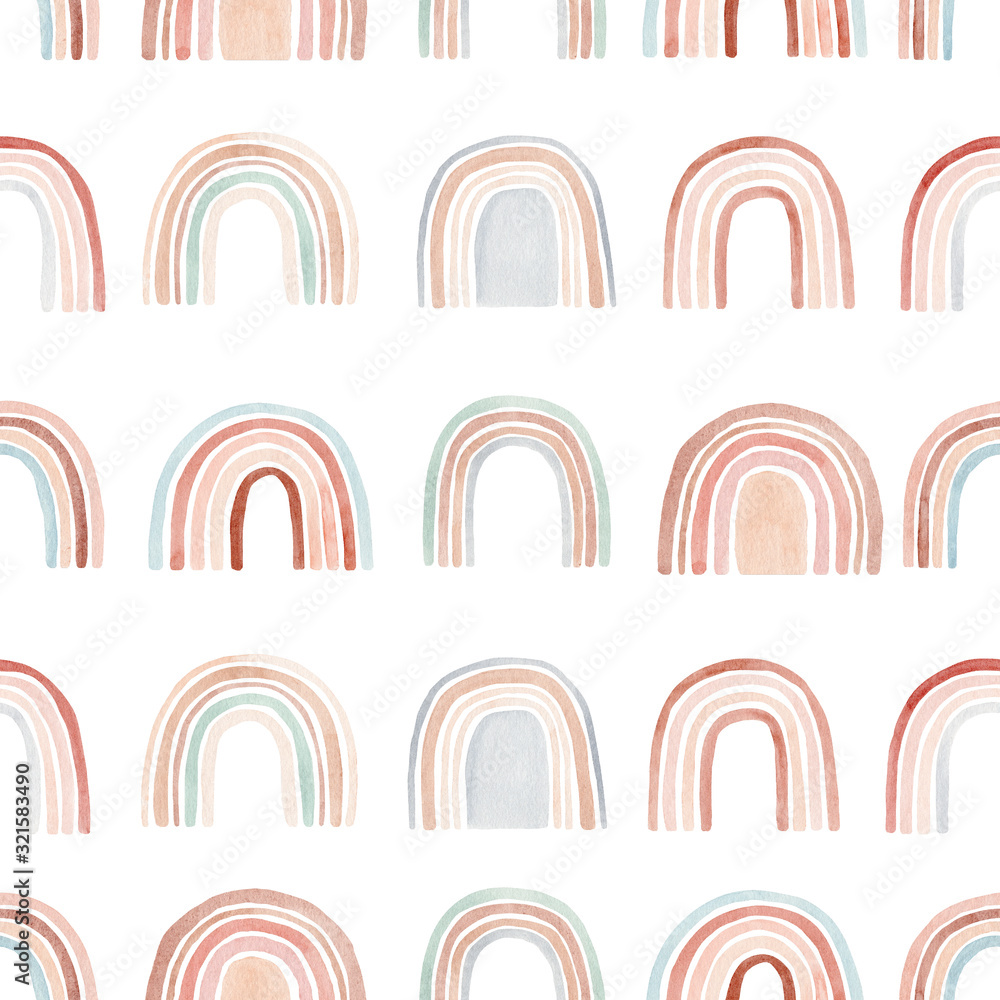 Watercolor seamless pattern with rainbows in warm pastel colors. Stock ...