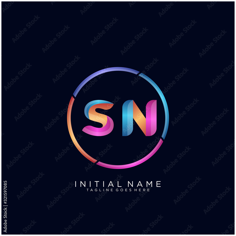 Initial letter SN curve rounded logo, gradient vibrant colorful glossy ...