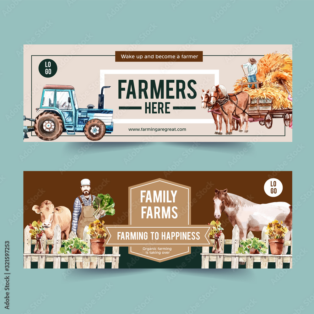 Farmer banner design with tractor, horse, cow watercolor illustration ...