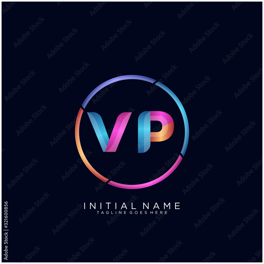 Initial letter VP curve rounded logo, gradient vibrant colorful glossy ...