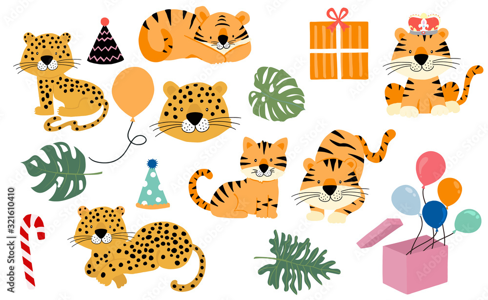 Cute animal object collection with leopard,tiger. illustration for icon ...