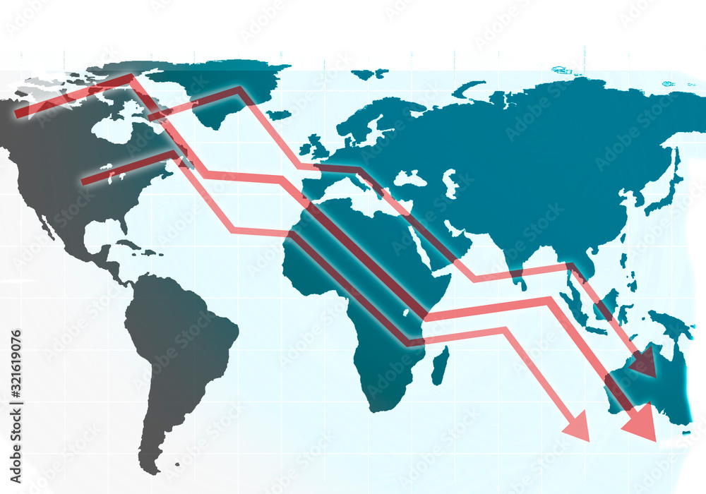 Red recession graph on a world map background. Image Elements Presented ...
