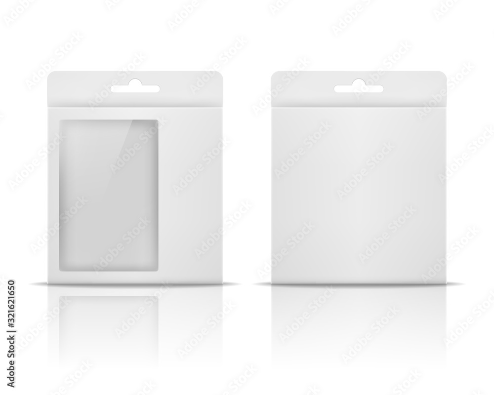 Blank paper packaging box with hanging hole isolated on white ...