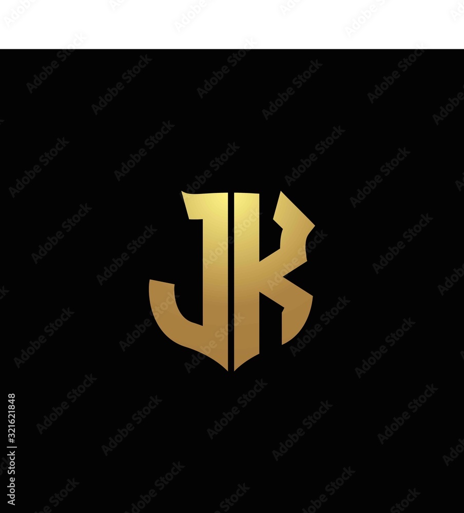 JK logo monogram with gold colors and shield shape design template ...