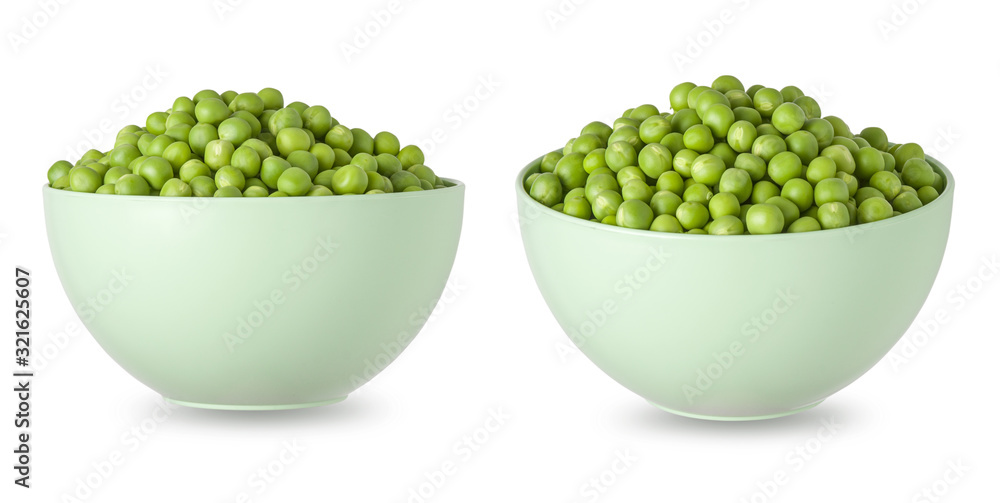 Green peas in white bowl set isolated on white background. Side view ...