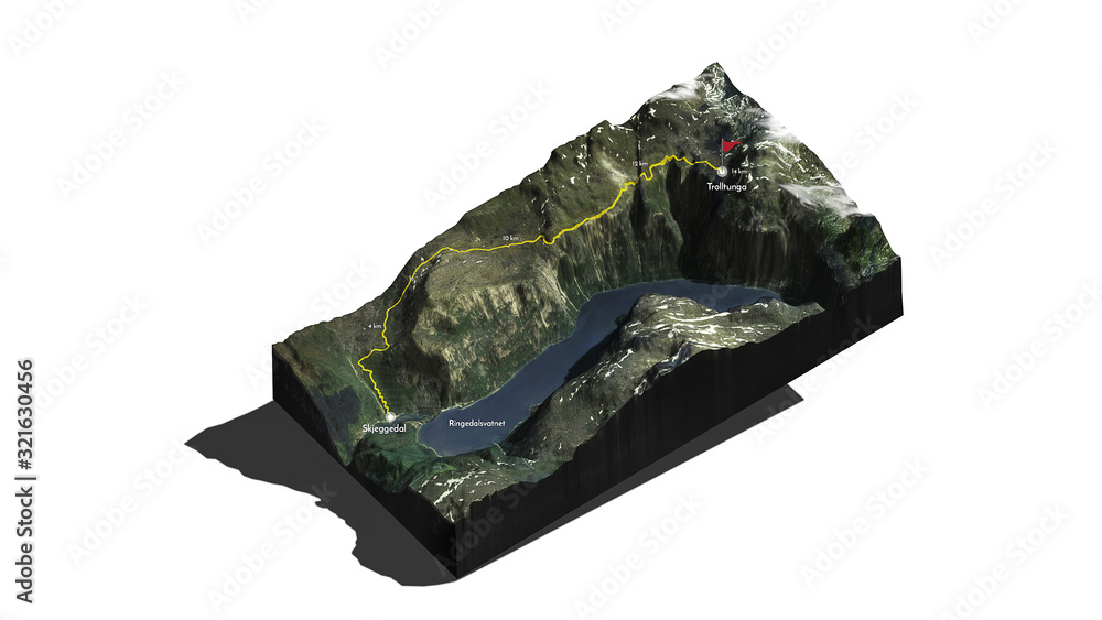 Isometric terrain 3d map of a hike to Trolltunga or Troll's Tongue in ...