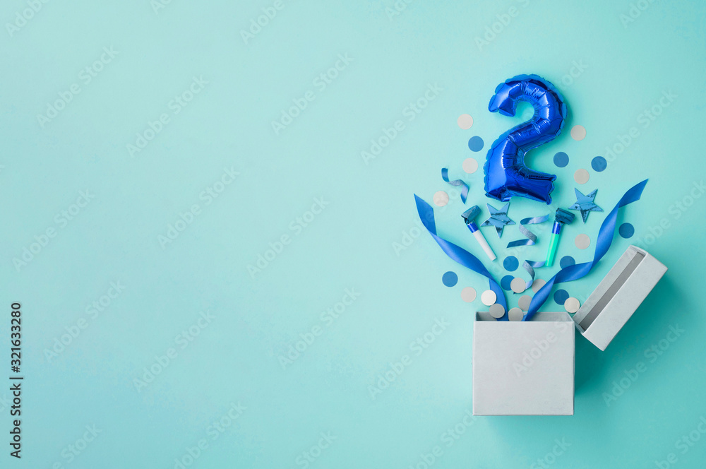 Number 2 birthday balloon celebration gift box lay flat explosion Stock ...