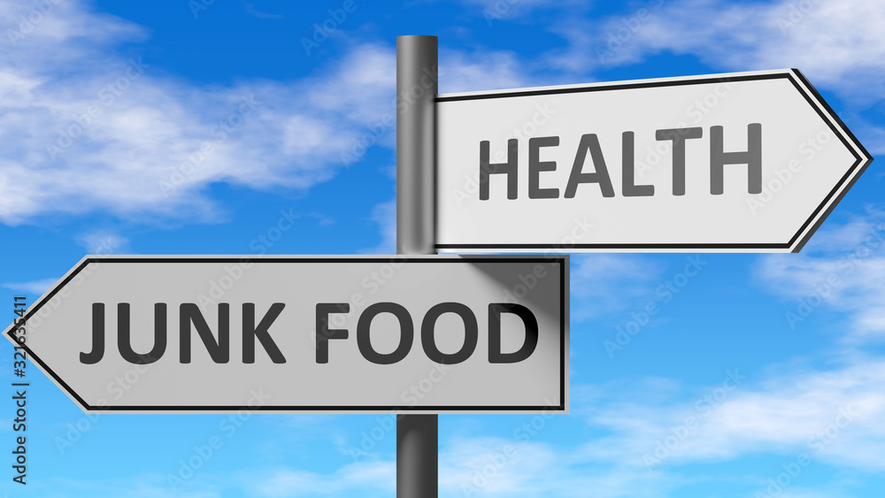 Junk food and health as a choice - pictured as words Junk food, health ...