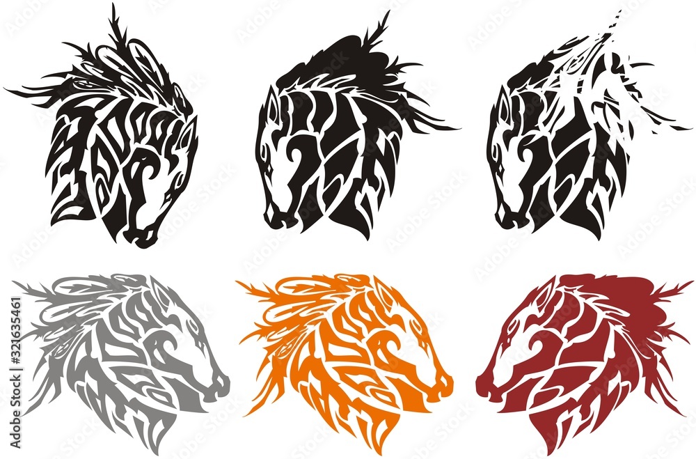 Tribal ornate horse head symbols. Set of horse head emblems with eagle ...