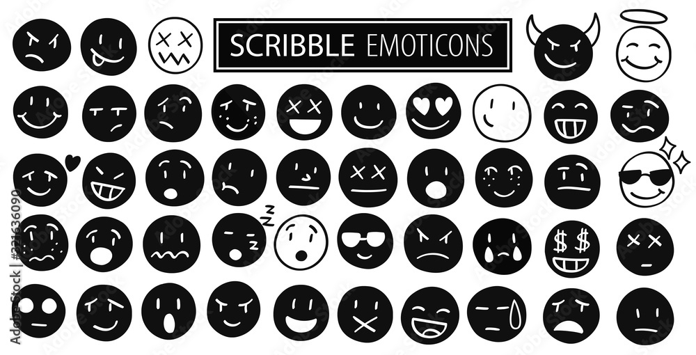 Doodle big set vector hand drawn sketch faces. Scribble black outline ...