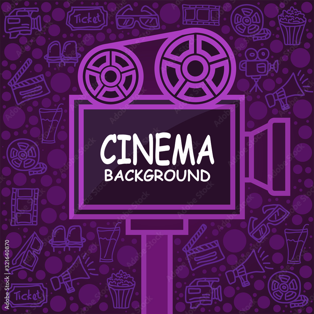 Cinema doodles Background, with hand drawn sketchy of Cinema, movie ...