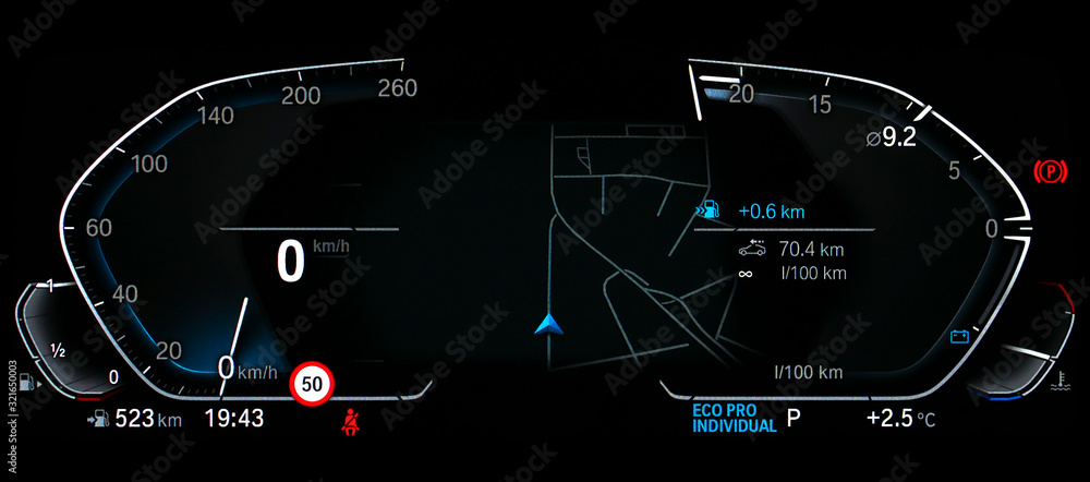 Modern fully digital LCD instrument cluster with navigation screen in ...