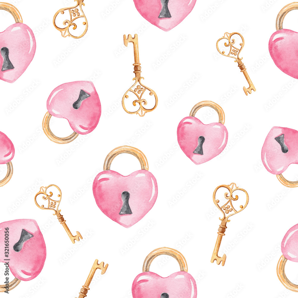 watercolor pink heart lock and golden key seamless pattern on white ...