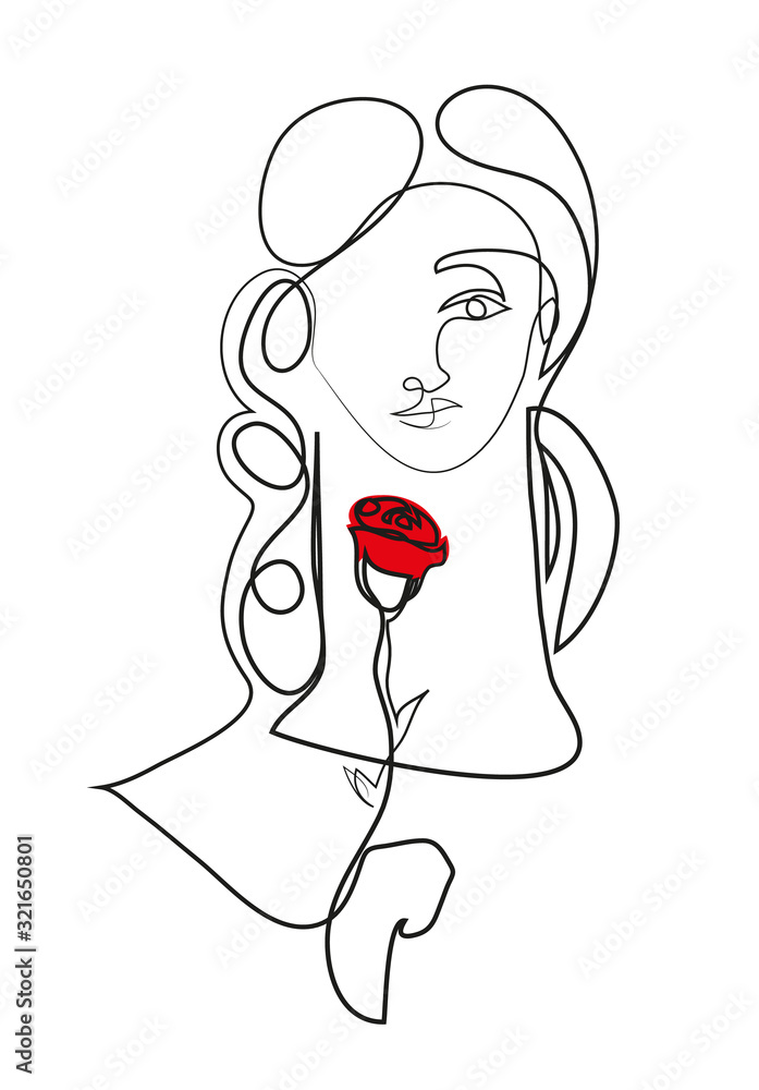 One continuous line drawing of young woman holding a single rose ...