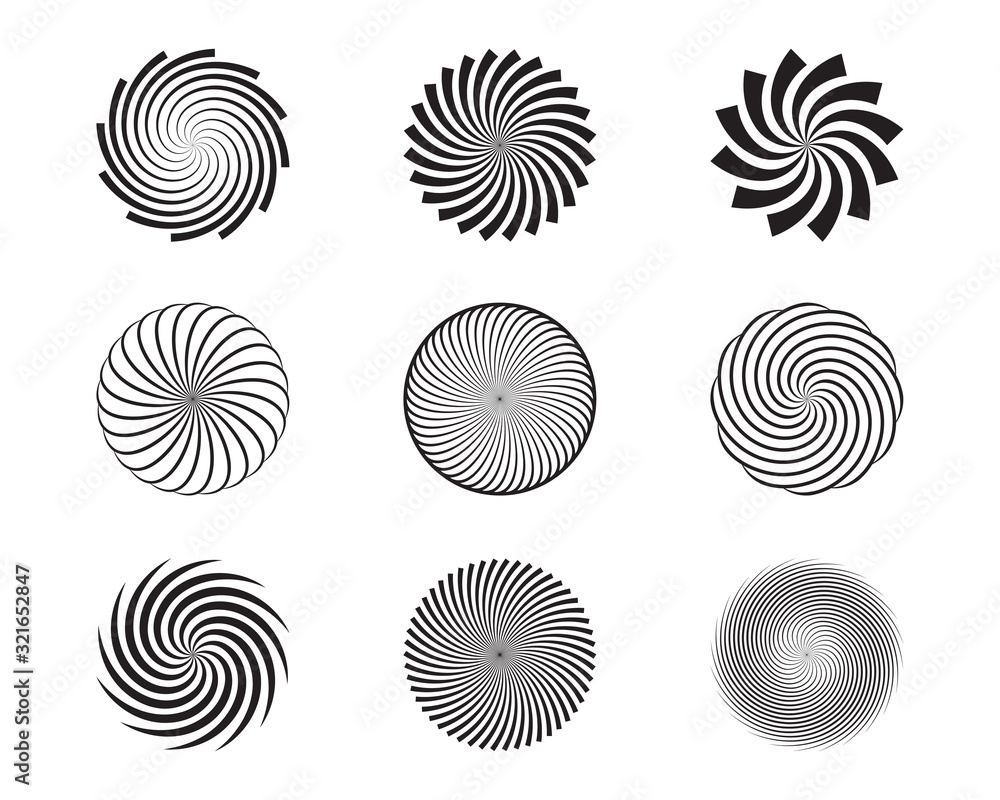Spiral and swirl motion twisting circles design element set. Vector ...