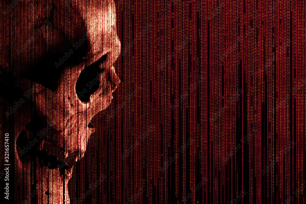 Human skull side view. Human skull on a background of a matrix of ...
