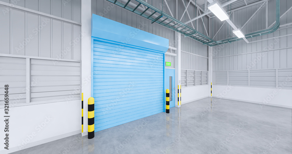 Roller door or roller shutter inside factory, warehouse or industrial ...