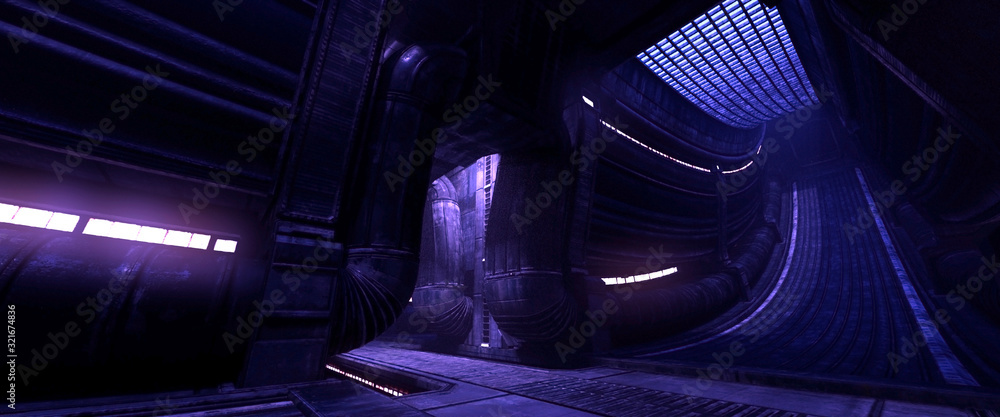 Futuristic city street. Neon lights on a wall of futuristic buildings ...