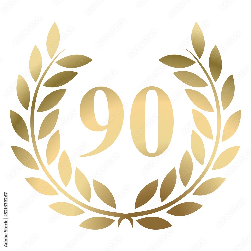 Ninetieth birthday gold laurel wreath vector isolated on a white ...