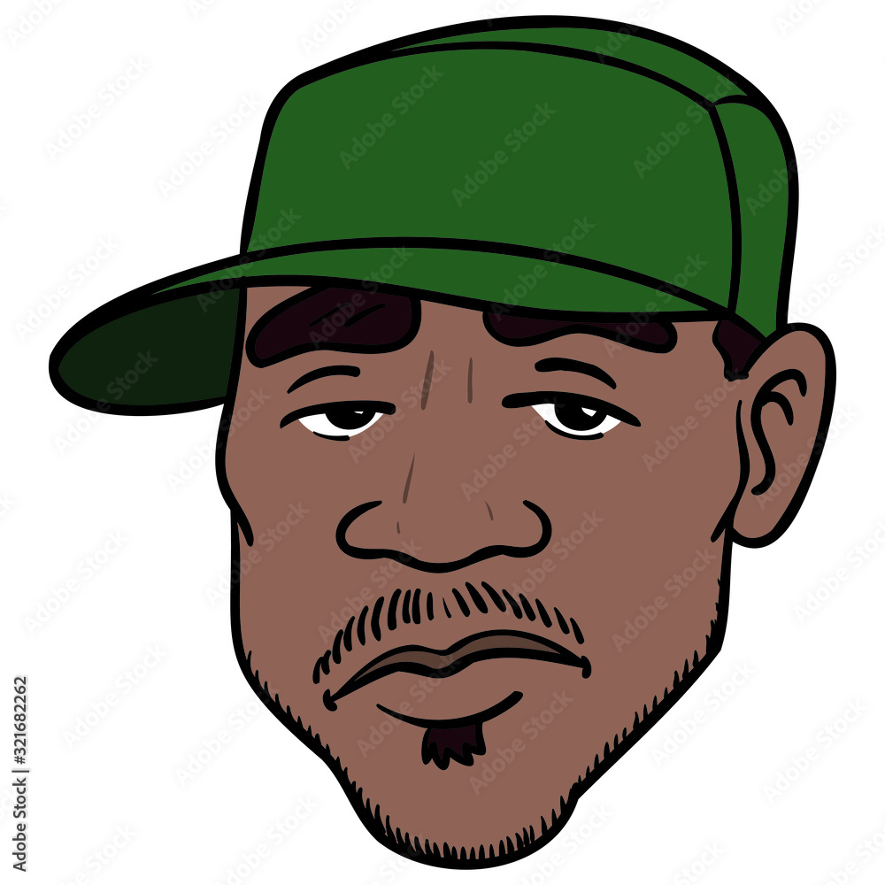 comic drawing of a dark-skinned man with a three-day beard and green ...
