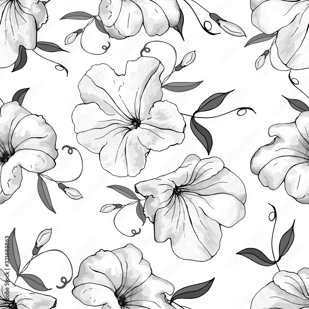 Monochrome seamless floral pattern. White with black outline flowers ...