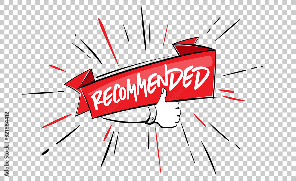 Recommended icon. Red label recommended with thumb up.Sign brand with ...