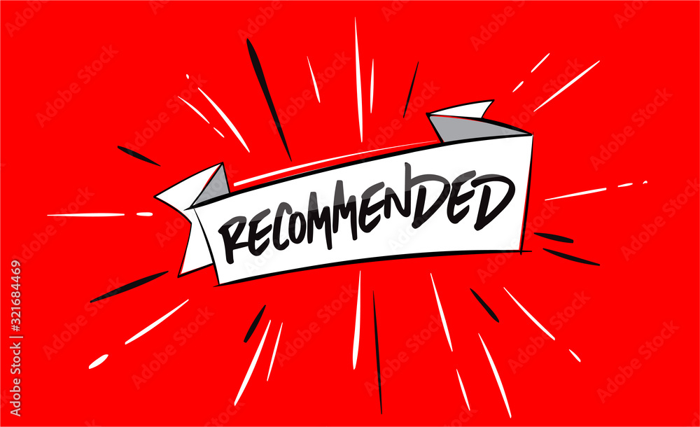 Recommended icon. Red label recommended with thumb up.Sign brand with ...