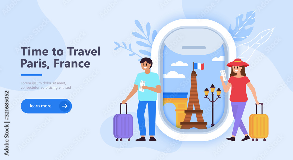 Travel to Paris, France concept with landmark icons, tourist characters ...