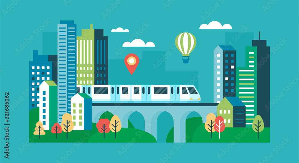 City concept with modern buildings and railway train. Minimal cityscape ...