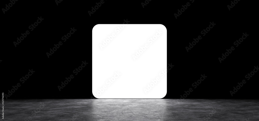 Glowing screen with rounded corners in a dark space. Glowing square ...