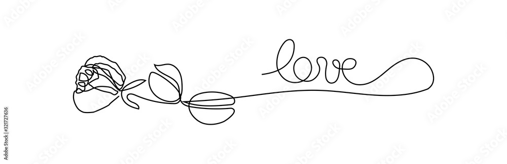 Rose flower one line drawing with phrase Love. Petal botanical plant ...