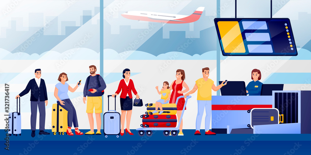 Flight check-in at airport. Vector illustration. Passengers cartoon ...